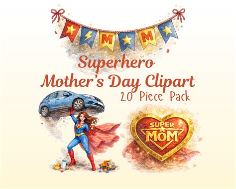 Superhero Mom Watercolor Clipart Png Bundle Mothers Day Hero Super