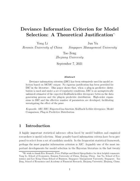 Deviance Information Criterion For Model Selection Justification And