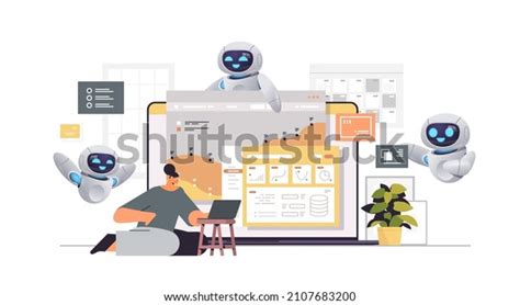 Businesswoman Robots Monitoring Financial Statistics Data Stock Vector