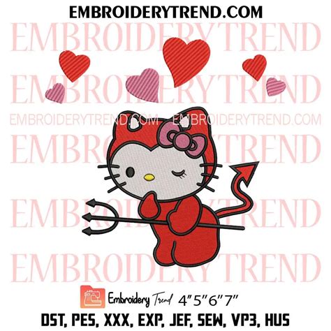 Hello Kitty Devil Valentine Embroidery Design Cute Kitty Machine Embroidery Digitized Pes Files