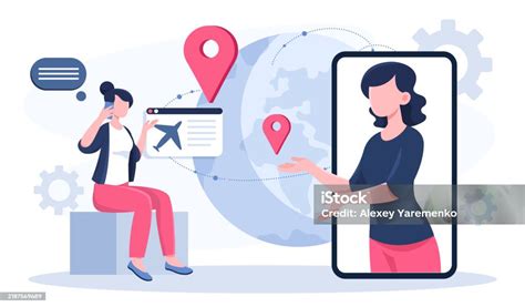 여자는 여행사와 이야기합니다 고객이 있는 투어 에이전트가 항공편 목적지를 선택합니다 여행 및 관광 휴일과 휴가 평면 벡터 일러스트 레이 션 경영자에 대한 스톡 벡터 아트 및