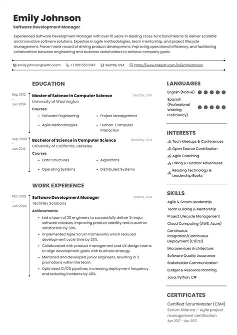 Software Development Manager Resume Example