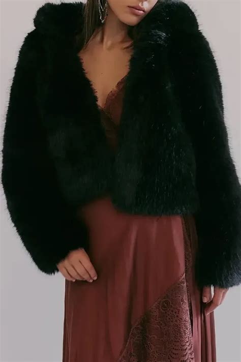 Black Solid Hooded Fur Jacket Newme