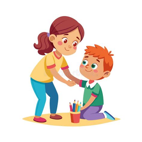 Cute Cartoon Illustration Of Sister Helping Brother With Drawing