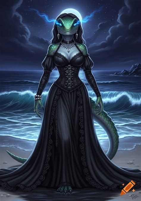 An Anthropomorphic Lizard Woman With Green Scales And Glowing Blue Eyes