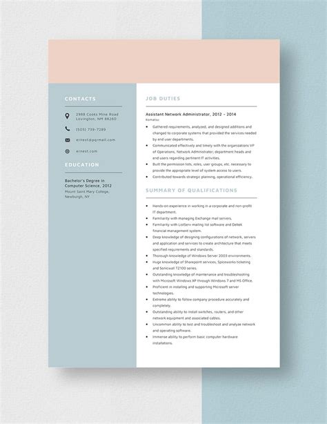 Assistant Network Administrator Resume In Pages Word Download
