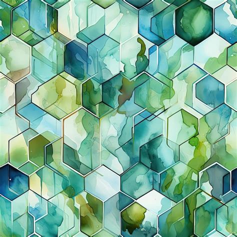 Contemporary Watercolor Hexagon Pattern In Blue And Green Tiled