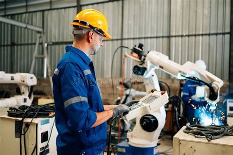 engineer technician controlling robotic arms on computer laptop stock