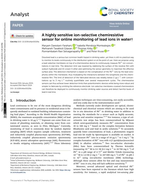Pdf A Highly Sensitive Ion Selective Chemiresistive Sensor For Online Monitoring Of Lead Ions