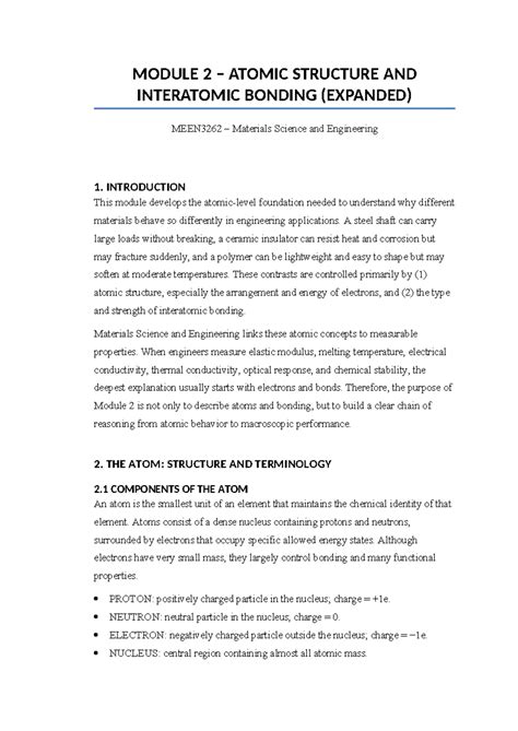 Meen3262 Module 2 Atomic Structure And Interatomic Bonding Overview