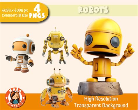 Cute 3d Robot Clipart Set High Resolution Pngs 4 Different Characters Downloadable Files