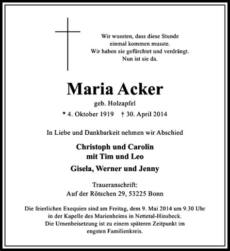 Alle Traueranzeigen Für Maria Acker Trauer Rp Online De