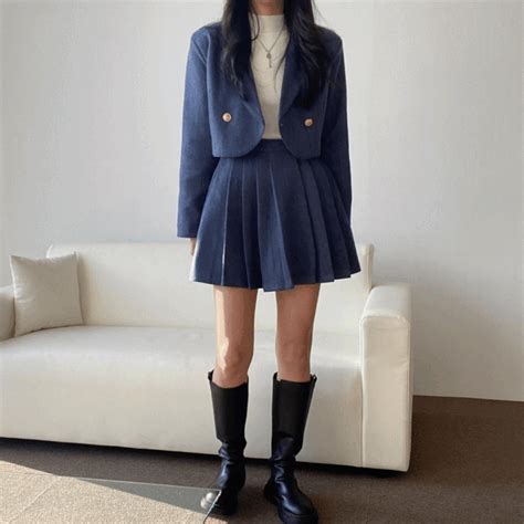 누빔 크롭자켓 플리츠 스커트 투피스