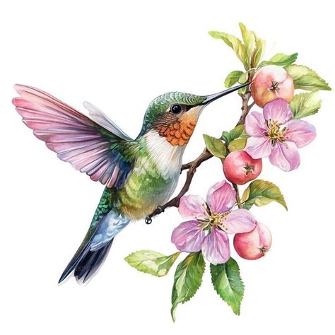 Hummingbirds And Pink Flowers Illustration Hummingbird Drawing Color