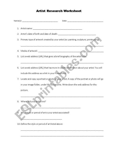Printable Artist Research Worksheet Worksheets Printable Template