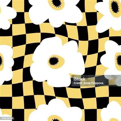 여름 꽃은 바둑판 무늬 배경에 그루비한 매끄러운 패턴입니다 티 종이 섬유 및 직물을 위한 완벽한 인쇄 장식과 디자인을 위한