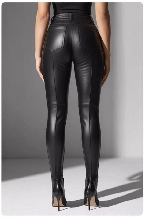 Women Black Leather Leggings Genuine Lambskin High Waist Slim Fit