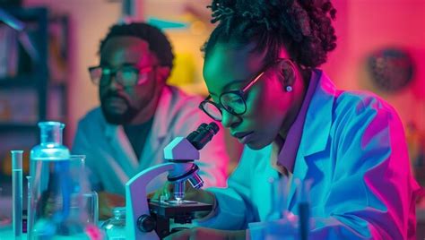 A Woman Looking Through A Microscope With A Blue Light Behind Her