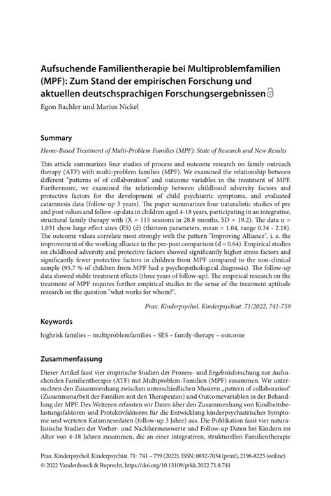 Pdf Aufsuchende Familientherapie Bei Multiproblemfamilien Mpf Zum