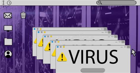 animation of computer icons and virus texts over server room stock