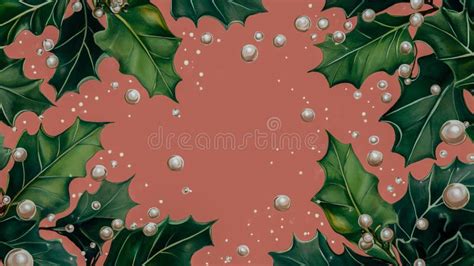 Holly Leaves And Pearls Pattern On Pink Background Stock Illustration