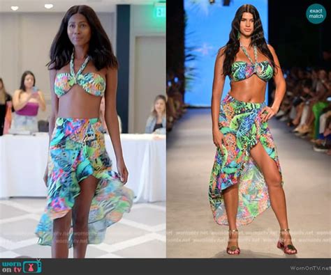 Wornontv Kikis Greenfloral Print Skirt And Halter Bikini Top On The