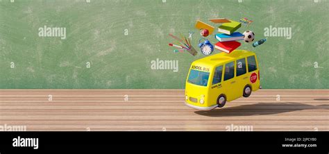 Jumping School Bus With School Supplies In Classroom Back To School Concept On Wooden Table