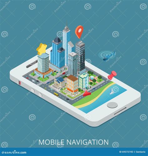 Flat 3d Isometric Vector City Mobile Navigation Smartphone Map Pin Stock Vector Illustration