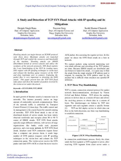 Pdf A Study And Detection Of Tcp Syn Flood Attacks With Ip Spoofing