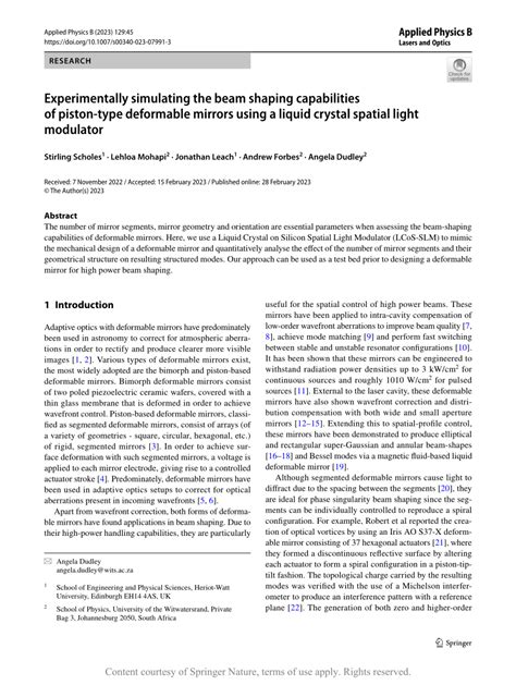 Pdf Experimentally Simulating The Beam Shaping Capabilities Of Piston
