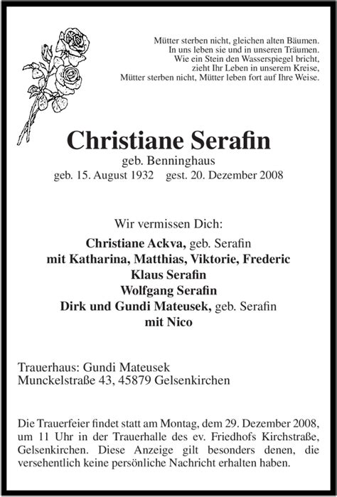 Traueranzeigen Von Christiane Serafin Trauer In Nrw De