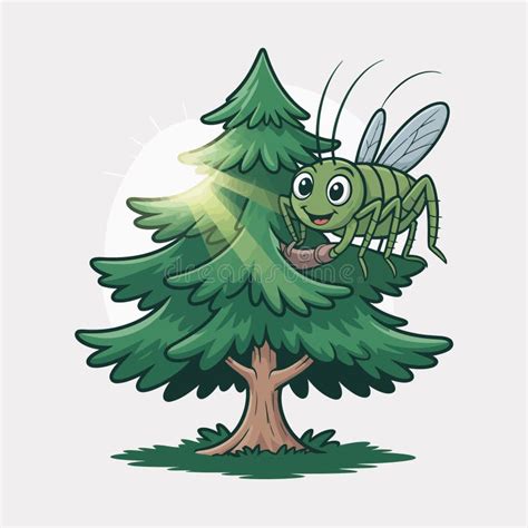 Happy Cartoon Grasshopper Perched On A Green Pine Tree Stock