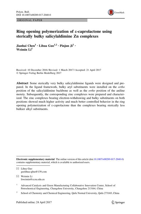 Pdf Ring Opening Polymerization Of ε Caprolactone Using Sterically Bulky Salicylaldimine Zn