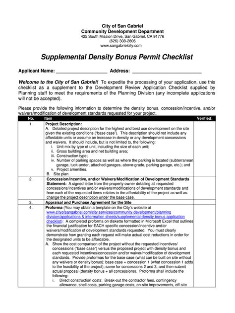 Fillable Online Supplemental Density Bonus Permit Checklist City Of San Gabriel Fax Email