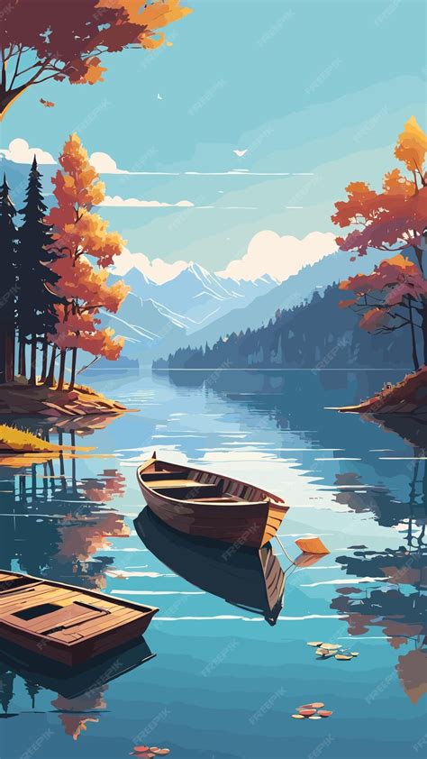Premium Vector A Boat On The Lake Drawing Cartoon Artwork Vector