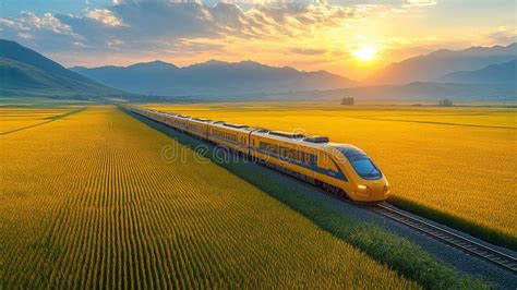 A Train Passes Through The Rice Fields In Late Autumn Stock