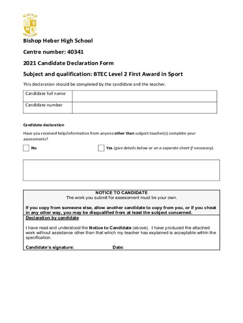 Fillable Online Btec Level 2 Sport Candidate Declaration Formdocx Fax