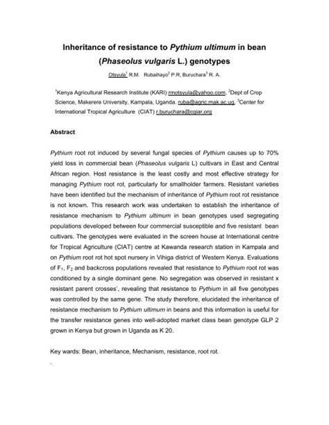 Inheritance Of Resistance To Pythium Ultimum In Bean Kenya