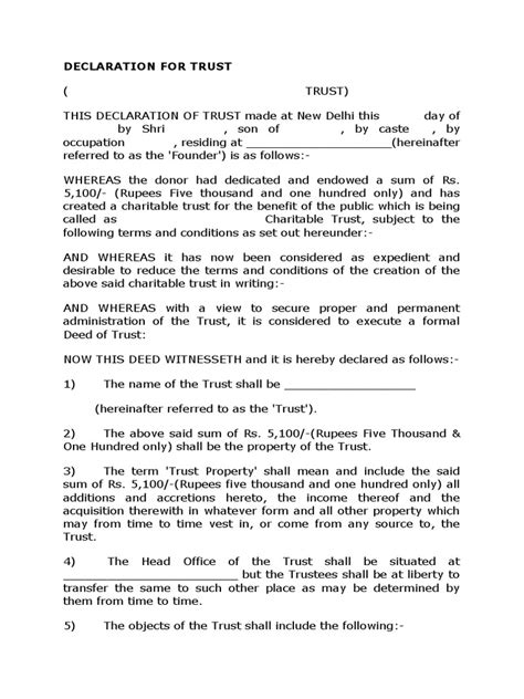 Trust Deed Format In India Pdf Trust Law Trustee