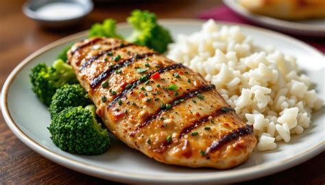 Lemon Herb Grilled Chicken Served With White Rice And Steamed Broccoli