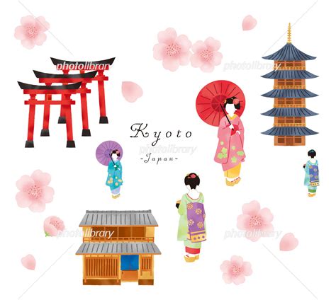 舞妓さんと京都の町家とお寺のセットイラスト イラスト素材 6531508 フォトライブラリー Photolibrary