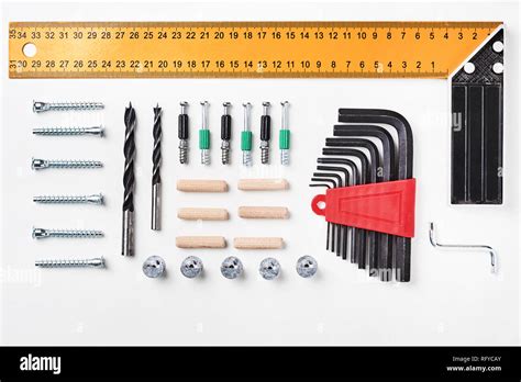 Tools For Furniture Assembly On White Background For Mock Up Template