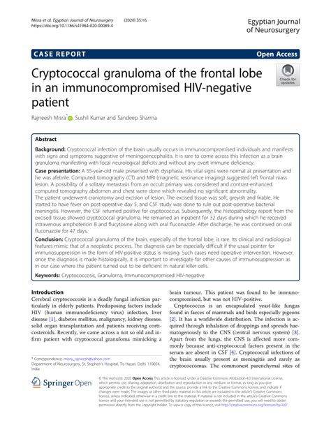Pdf Cryptococcal Granuloma Of The Frontal Lobe In An