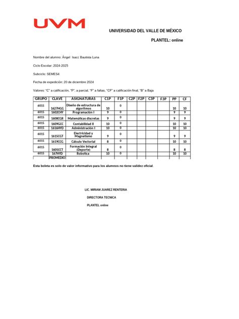 Boleta De Calificaciones 2024 2025 Uvm Pdf
