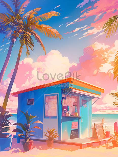 푸른 오두막 야자수 황혼 하늘 그림 일러스트 무료 다운로드 Lovepik