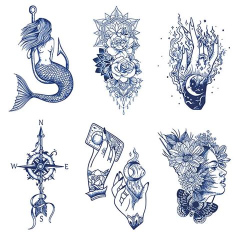 6 Sheets Mermaid Flower Magic Compass Semi Permanent Tattoo Stickers