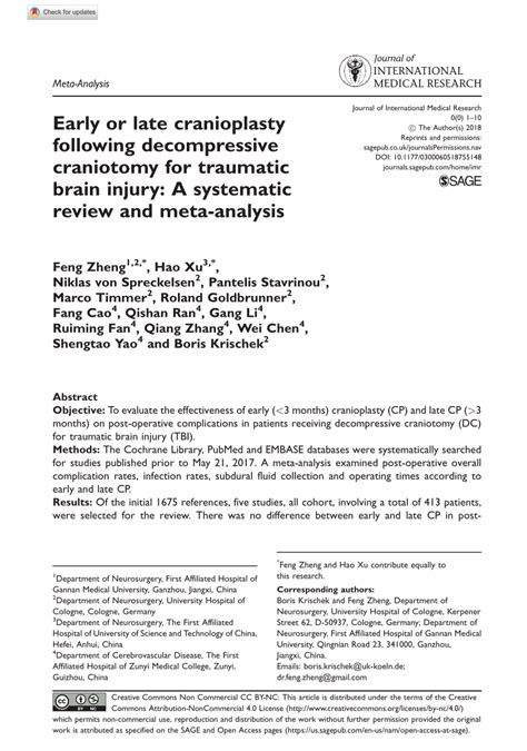 Pdf Early Or Late Cranioplasty Following Decompressive Craniotomy For