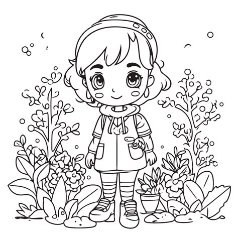 Girl Standing By Some Plants Coloring Pages Outline Sketch Drawing