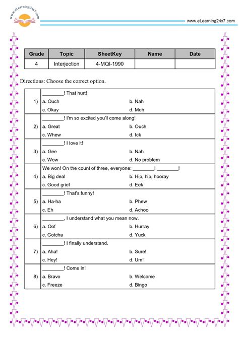 Interjection Worksheets For Grade 4