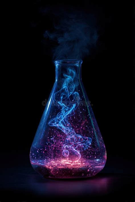 Dynamic Neon Lit Lab Experiment Glowing Blue Liquid Swirling In An Erlenmeyer Flask With Smoke